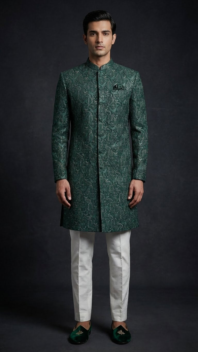 Emerald Green Textured Indo-Western Sherwani with Ivory Trousers ...
